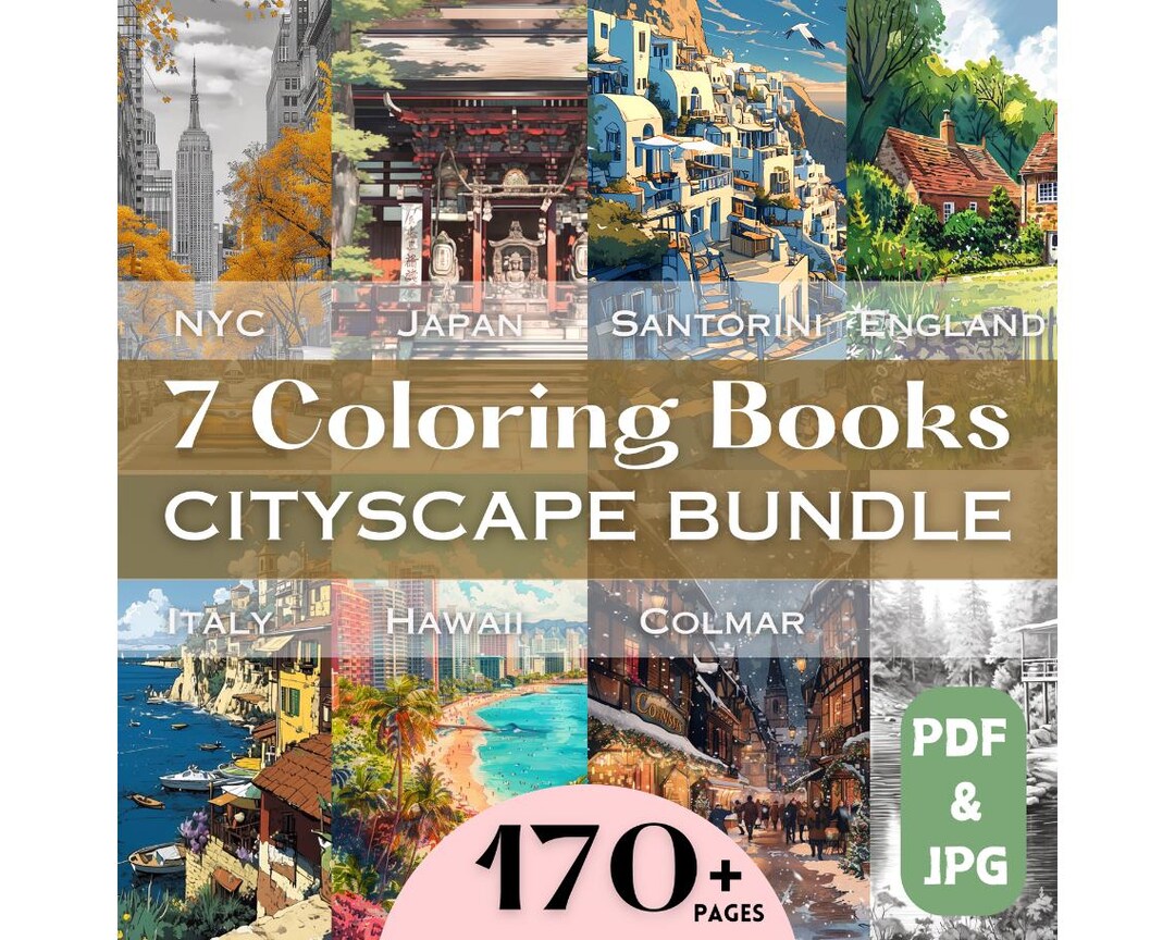 Cityscape Coloring Books Bundle European Village Japan Hawaii Italy ...