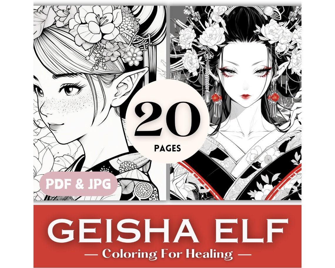 Grayscale Coloring Pages Geisha Elf Printable Japanese Kimono Coloring ...