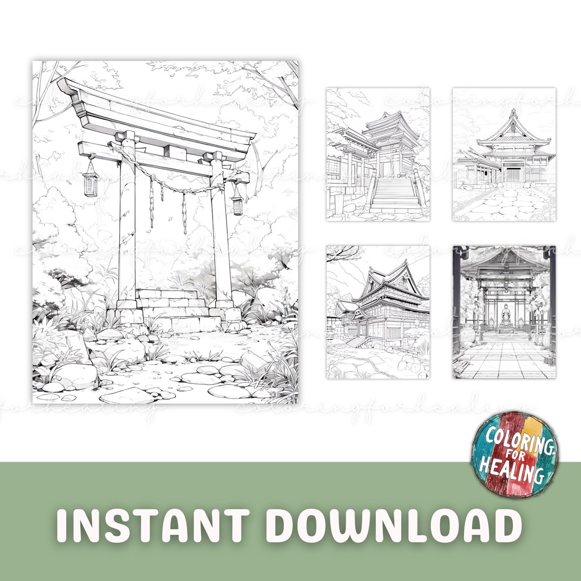 Grayscale Coloring Pages Japanese Shrine Temple Printable Mindfulness ...