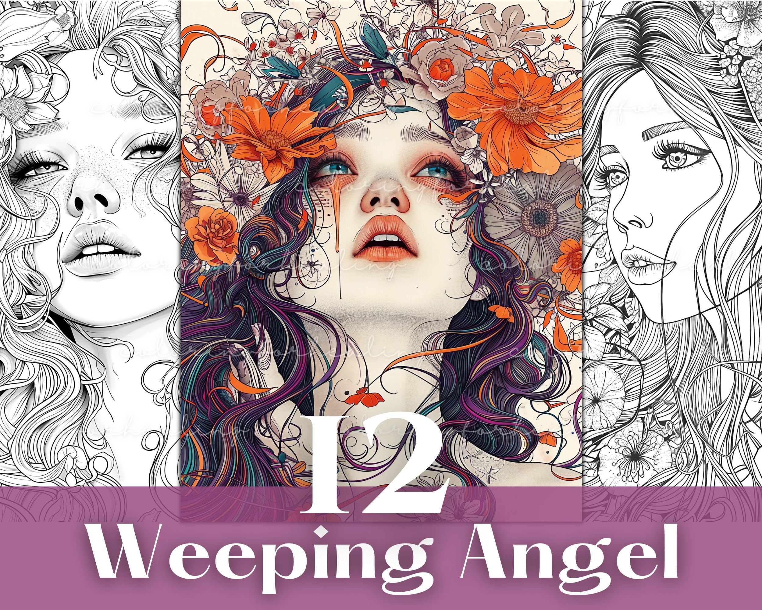 Weeping Angel Coloring Pages Floral Girl Art Print Printable Floral Coloring Book Pages for ...