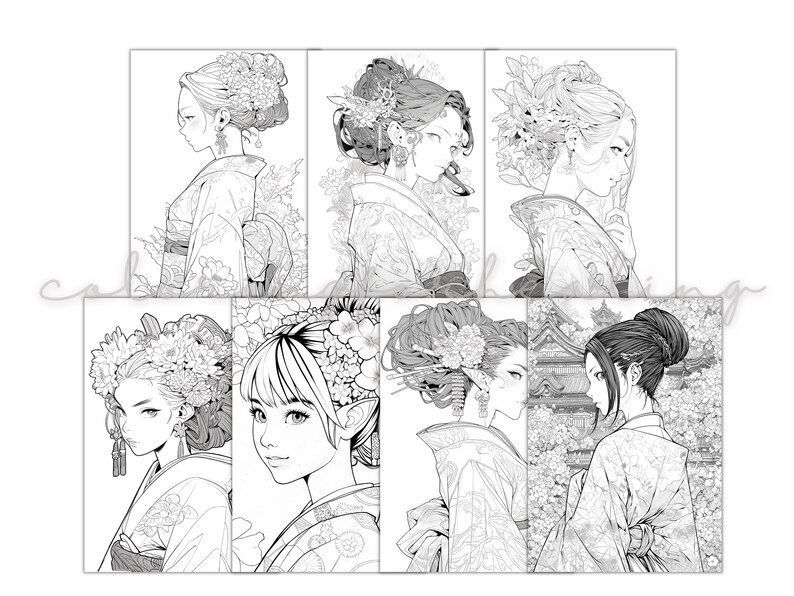Grayscale Coloring Pages Geisha Elf Printable Japanese Kimono Coloring ...