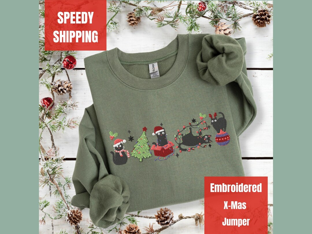 Embroidered Funny Black Santa Cats Crewneck Sweatshirt Ugly Xmas Jumper ...