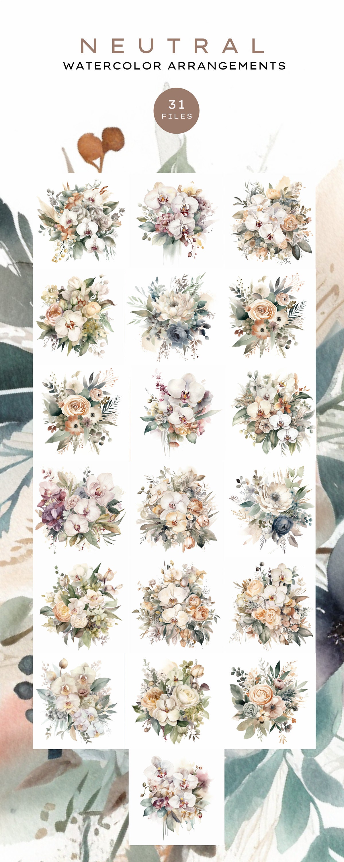 Watercolor Floral Clipart Neutral Floral Clipart Watercolor Clipart PNG ...