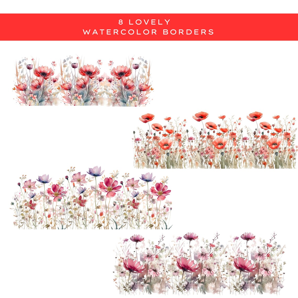 Watercolor Floral Borders Red Floral Borders Wild Flowers Watercolor ...