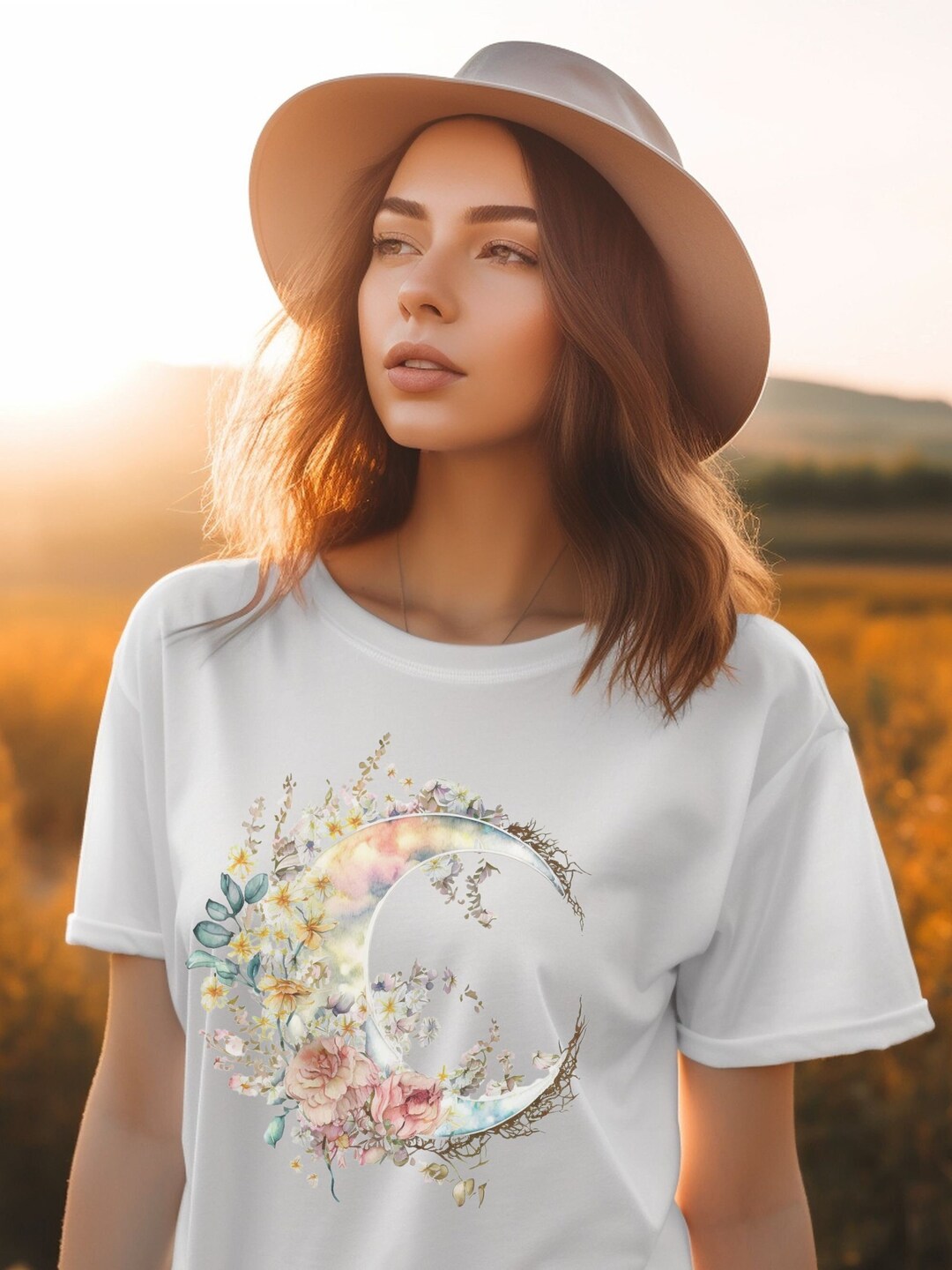 Floral Crescent Moon Shirt Boho Moon Shirt Botanical Shirt - Etsy