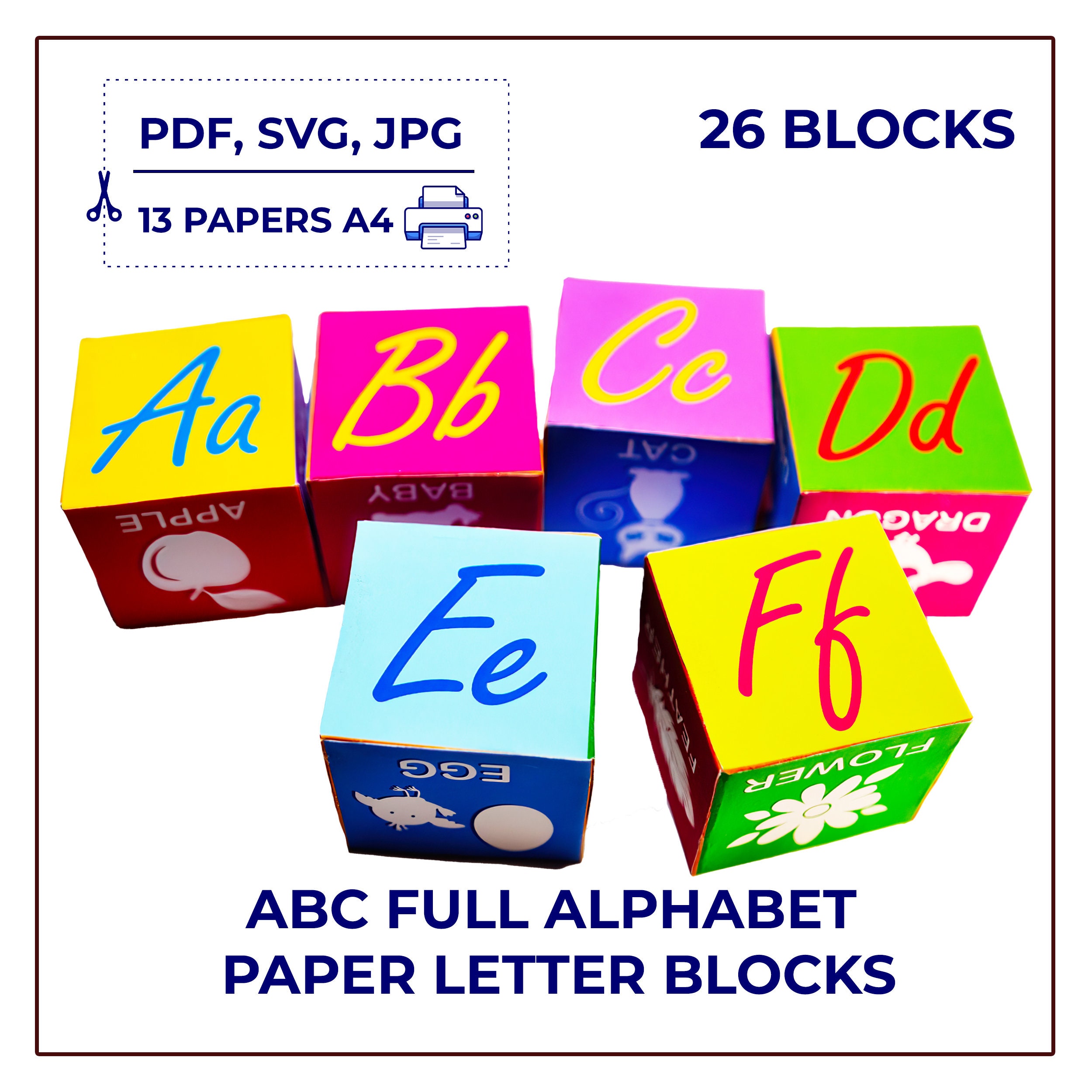 Digital Printable ABC Blocks Alphabet With Words. DIY Baby Blocks ...