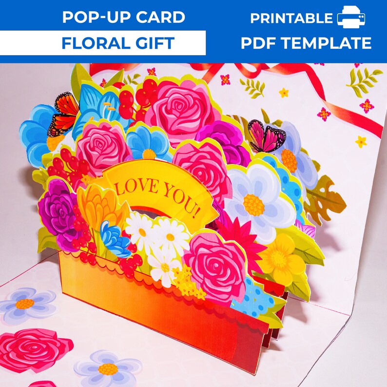 Printable Flower Bouquet Pop up Card DIY. Paper Floral Card PDF ...