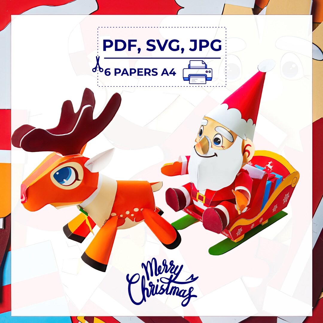 Santa's Sleigh Papercraft Kit: Reindeer Christmas Model (PDF, SVG, JPG ...