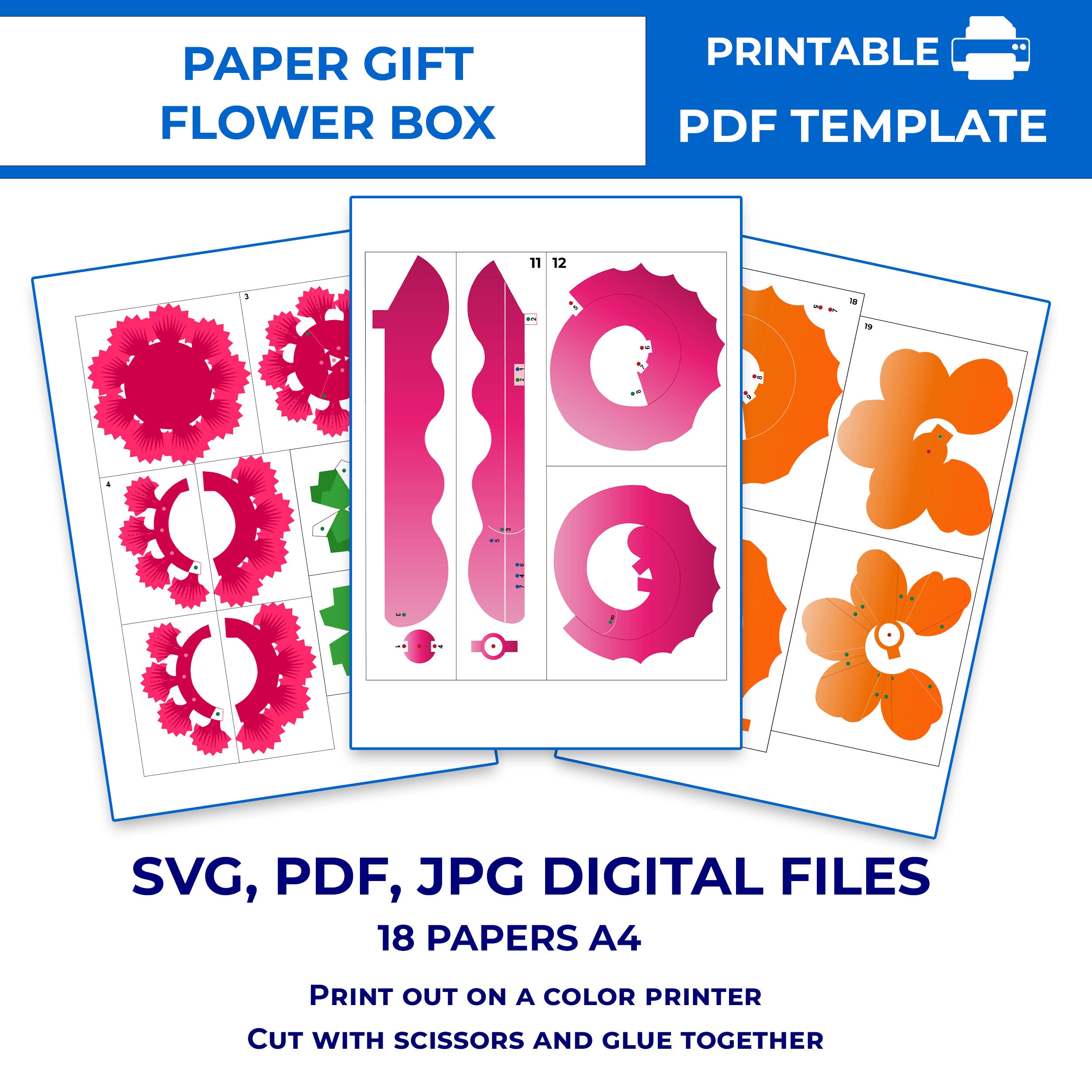 Paper Flower Box Svg Template. Flower Bouquet in a Box DIY. Flower Box ...