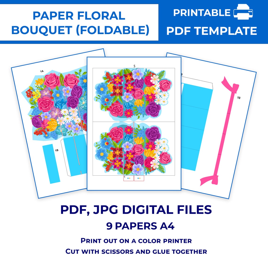 Printable Flower Bouquet Foldable Card DIY. Paper Flower Bouquet Card ...