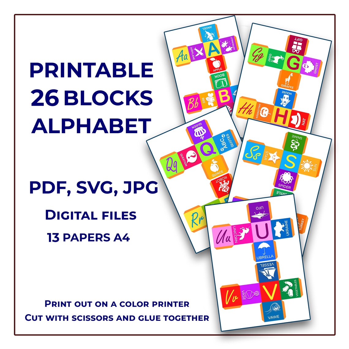 Digital Printable ABC Blocks Alphabet With Words. DIY Baby Blocks ...