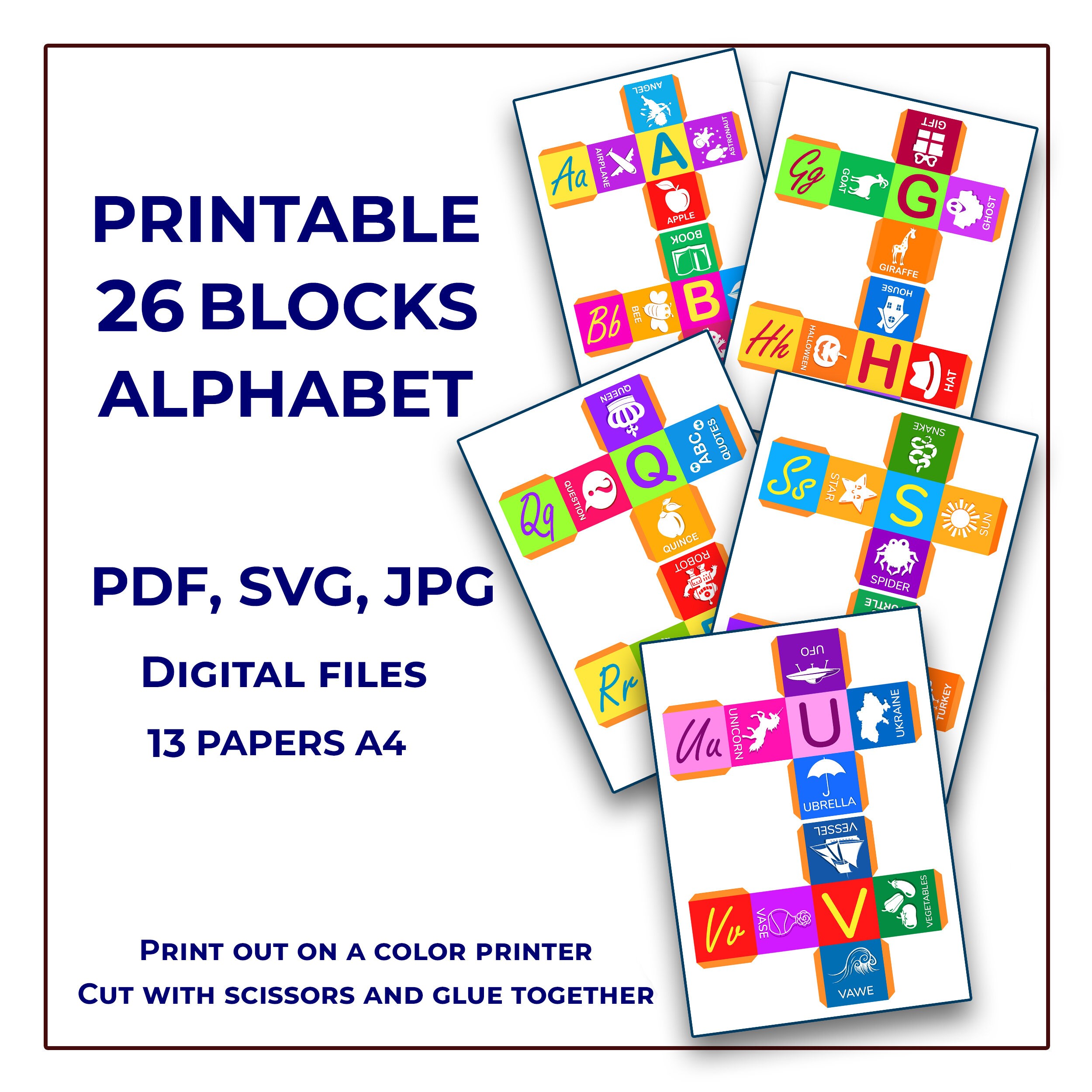 Digital Printable ABC Blocks Alphabet With Words. DIY Baby Blocks ...