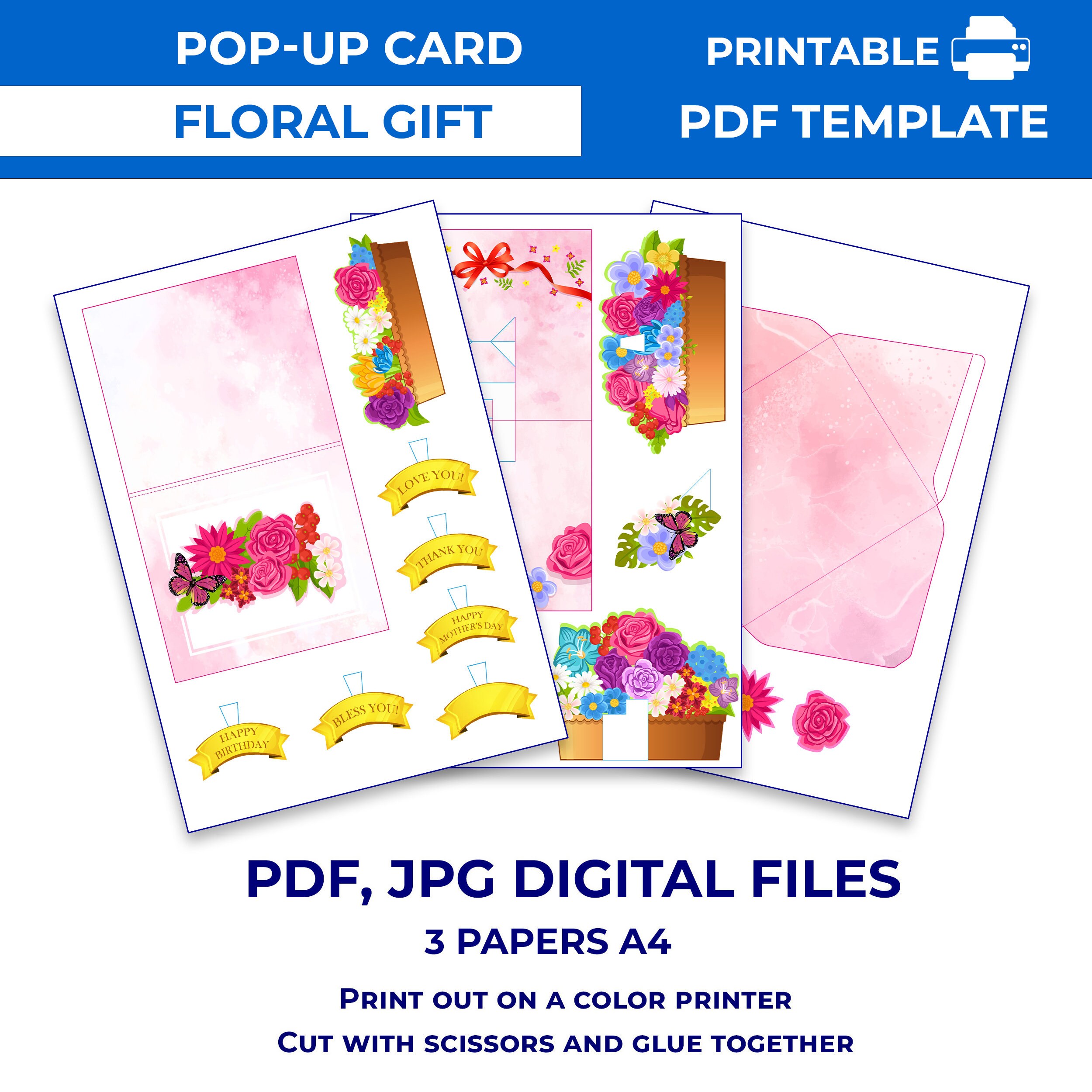 Printable Flower Bouquet Pop up Card DIY. Paper Floral Card PDF ...