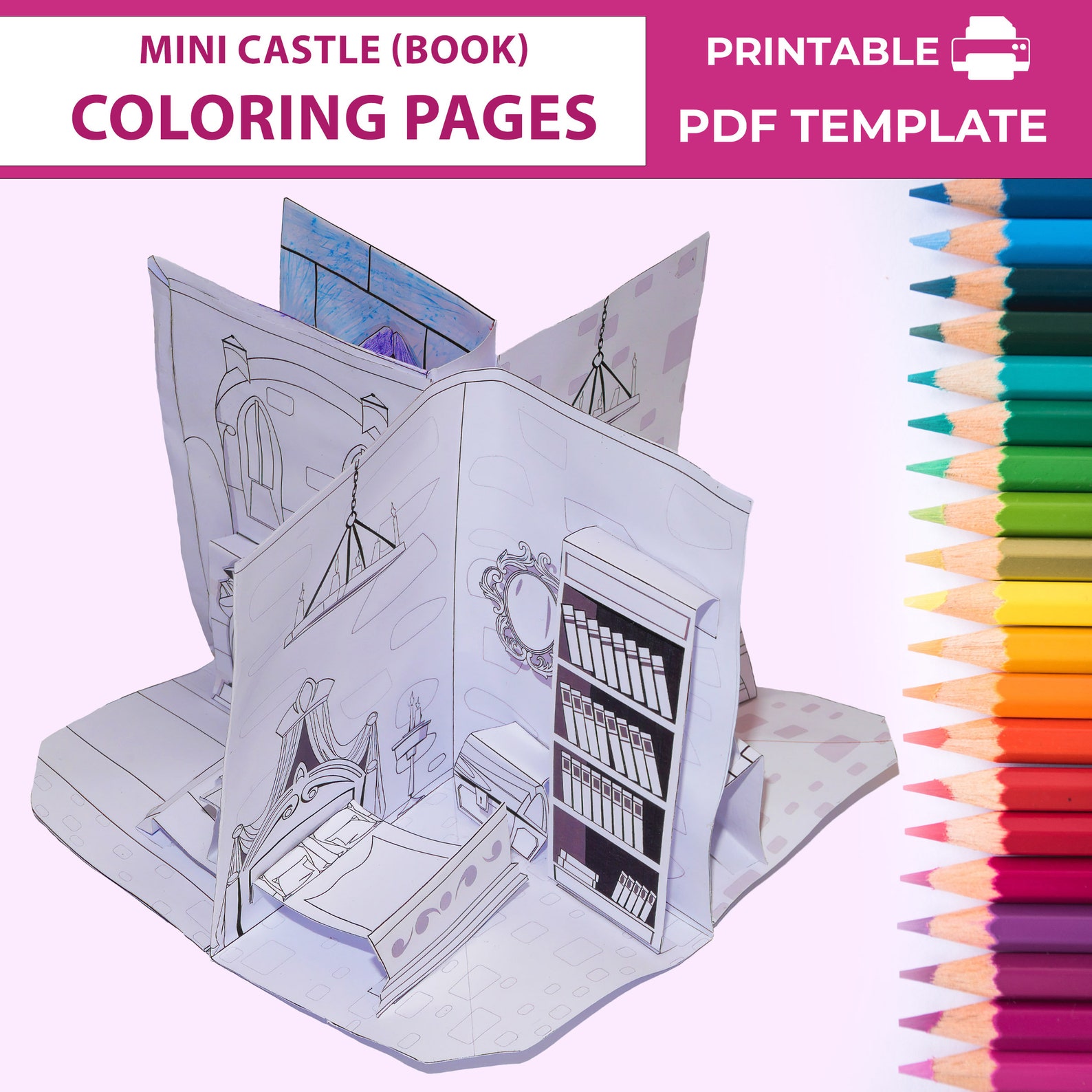 Paper Dollhouse Castle in Book Form (coloring Pages). Mini Paper Pop-up ...