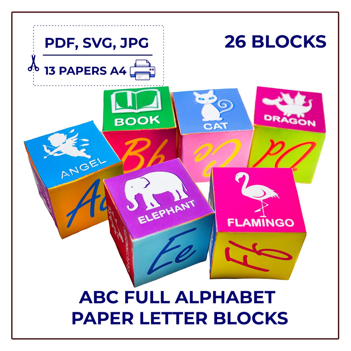 Digital Printable ABC Blocks Alphabet With Words. DIY Baby Blocks ...
