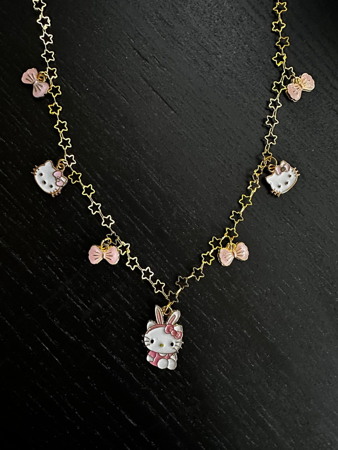 Kawaii Bunny Pink Hello Kitty Necklace Cat Star-chain Cartoon Bows ...
