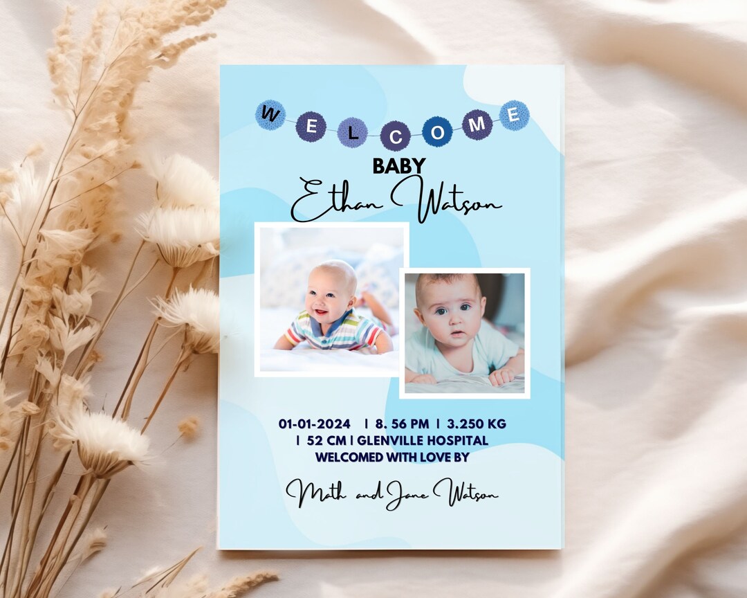 Baby Boy Birth Announcement Template, Photo Baby Announcement Card ...