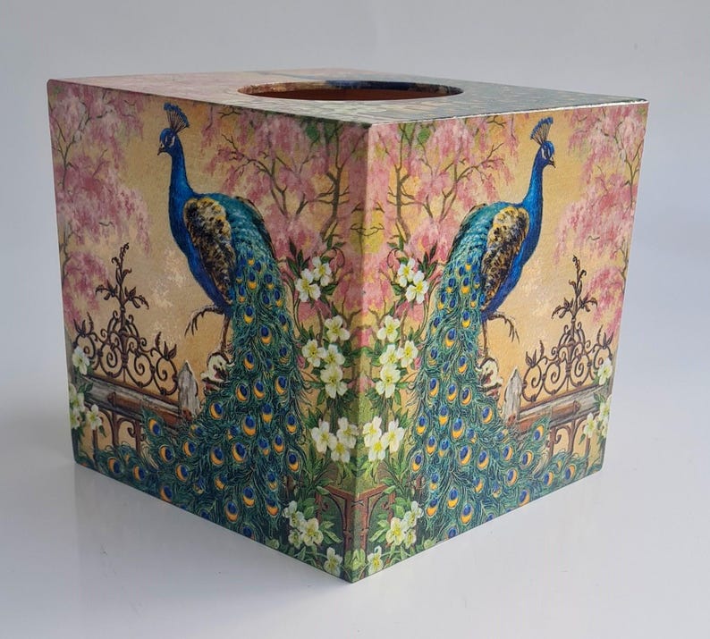 Wooden Napkin Holder Peacock Tissue Box Cover Floral Garden Kitchen ...