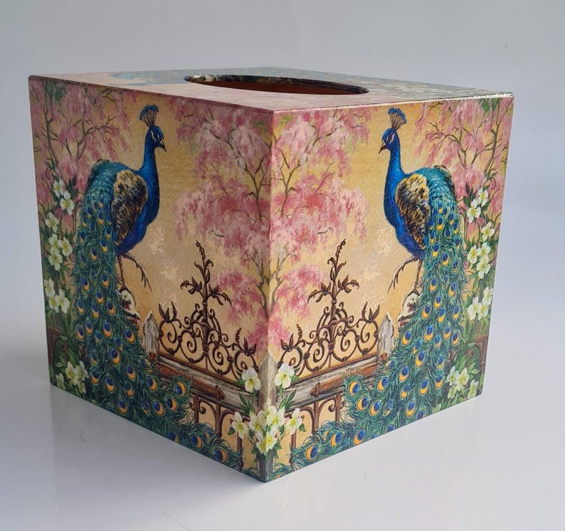Wooden Napkin Holder Peacock Tissue Box Cover Floral Garden Kitchen ...