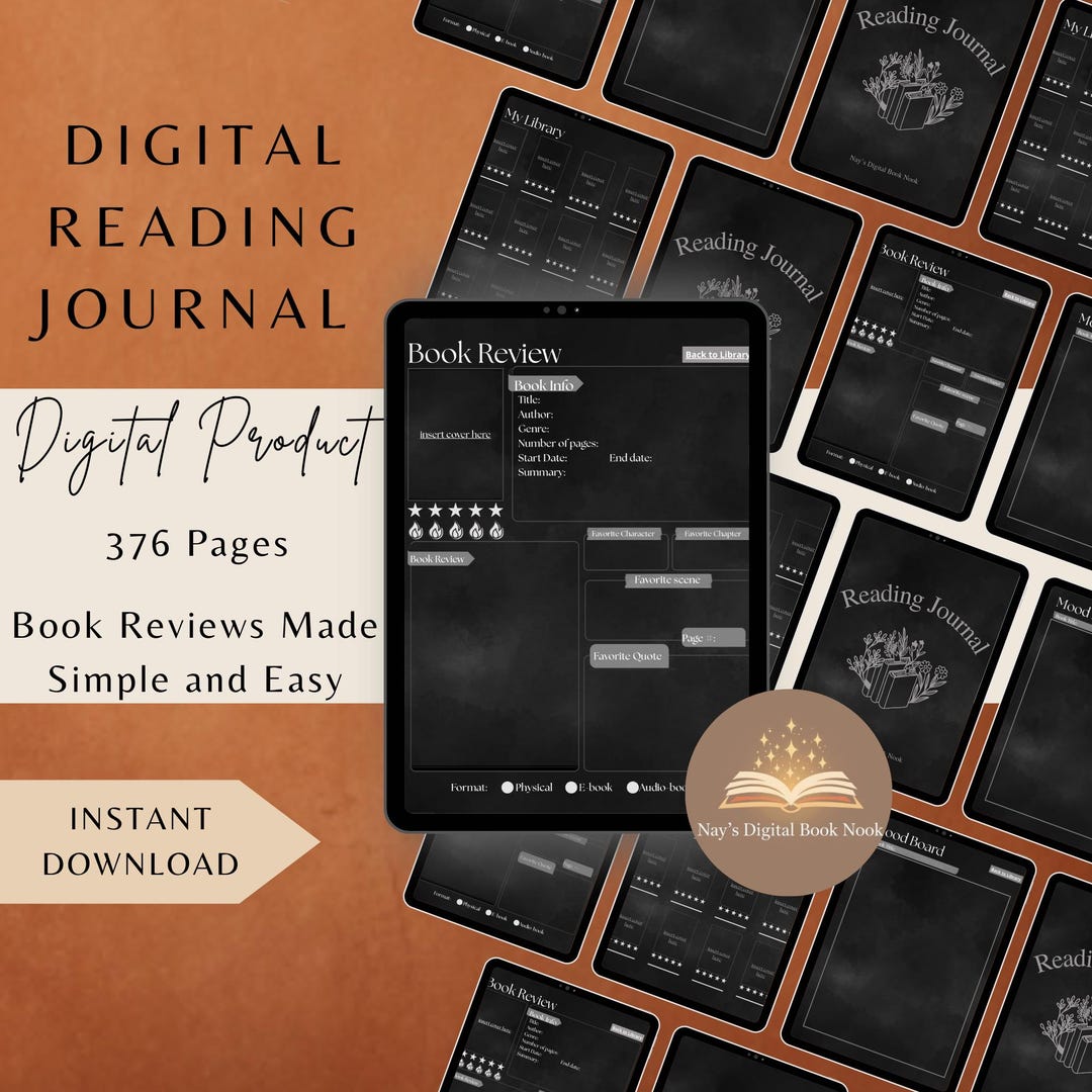 Digital Reading Journal Black | 376 Page Hyperlinked Book Tracker ...
