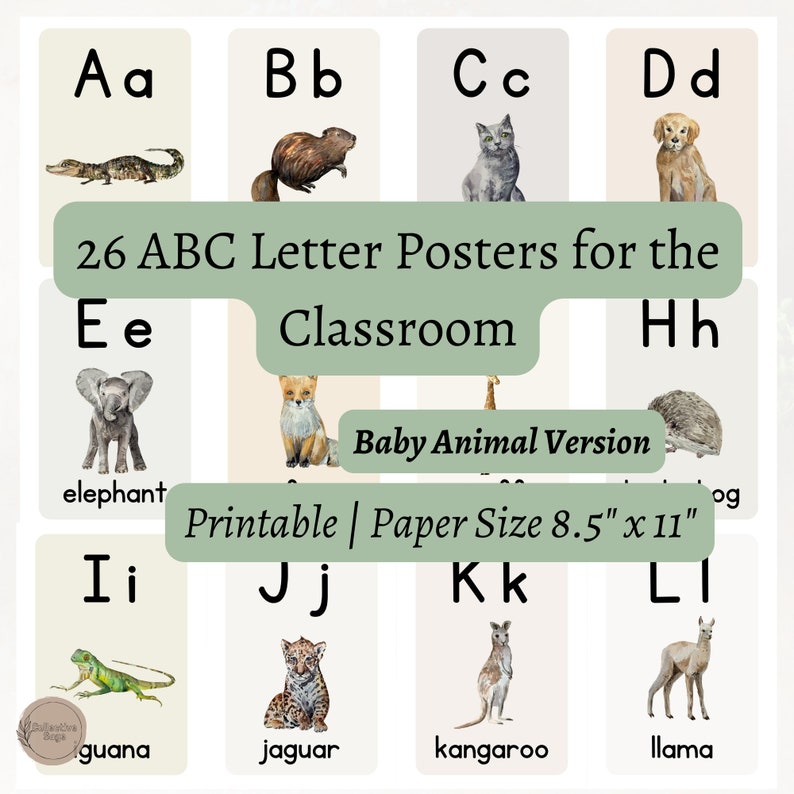 Baby Animal Posters, Alphabet Wall Poster, Large ABC, Montessori Cards ...