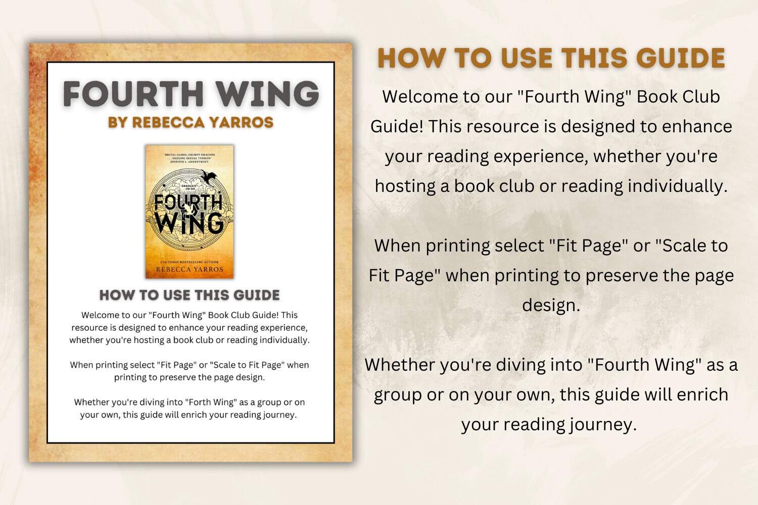 Fourth Wing by Rebecca Yarros, Book Club Discussion Guide Printable ...