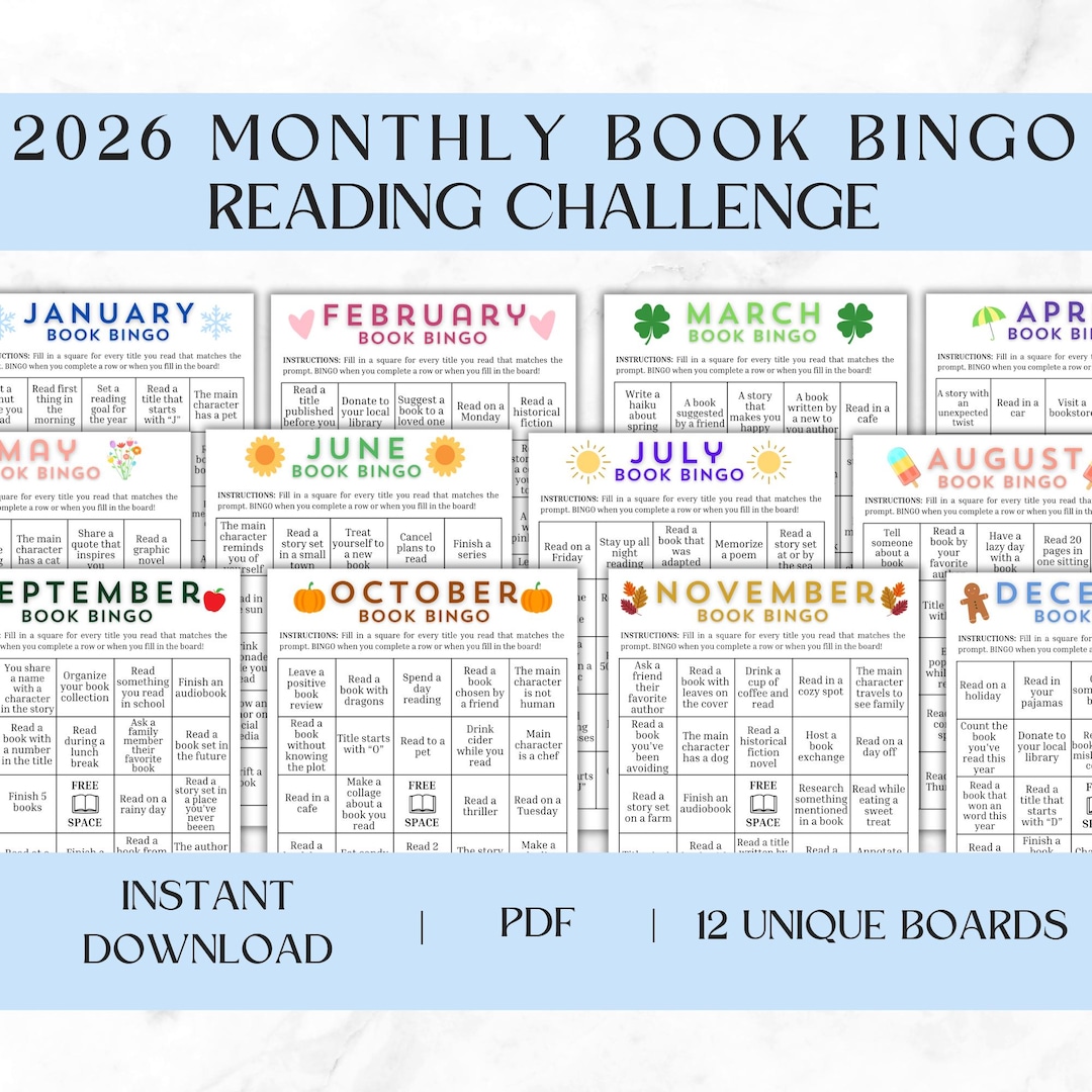 Monthly Book Bingo Reading Challenge, 2026 Reading Tracker (PDF ...