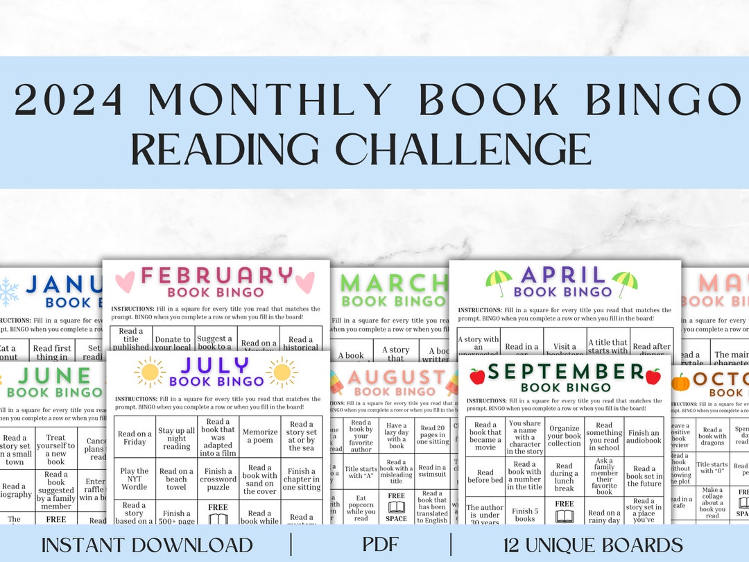 Monthly Book Bingo Printable Reading Activity, 2024 Reading Challenge ...