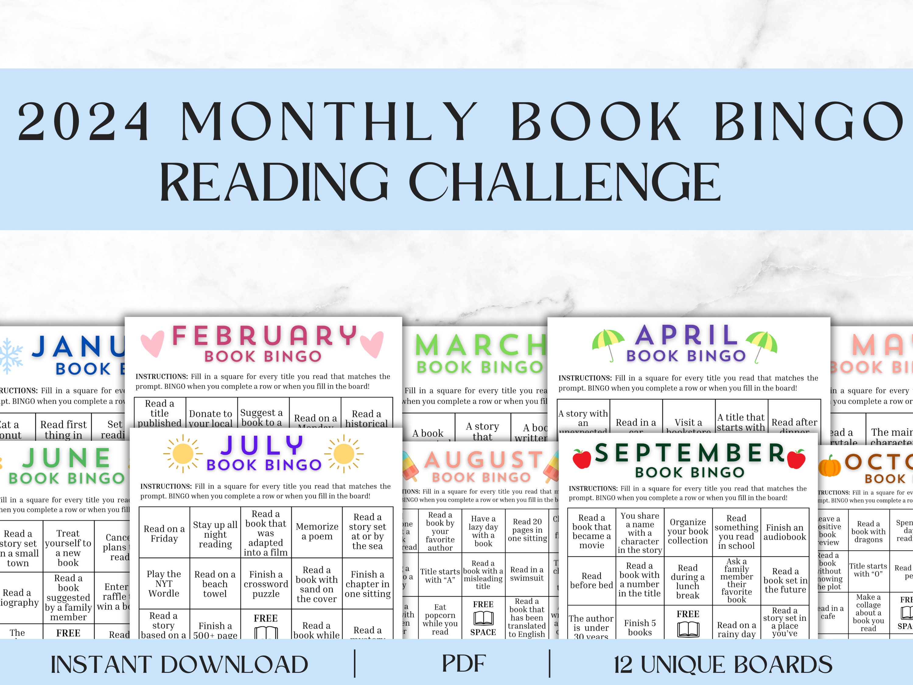 Monthly Book Bingo Printable Reading Activity, 2024 Reading Challenge ...