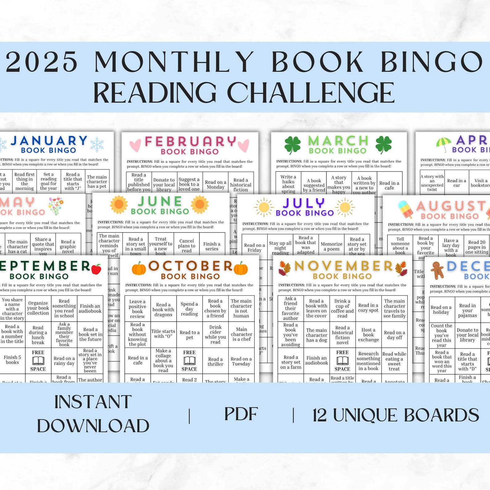 Monthly Book Bingo Printable Reading Activity, 2025 Reading Challenge ...