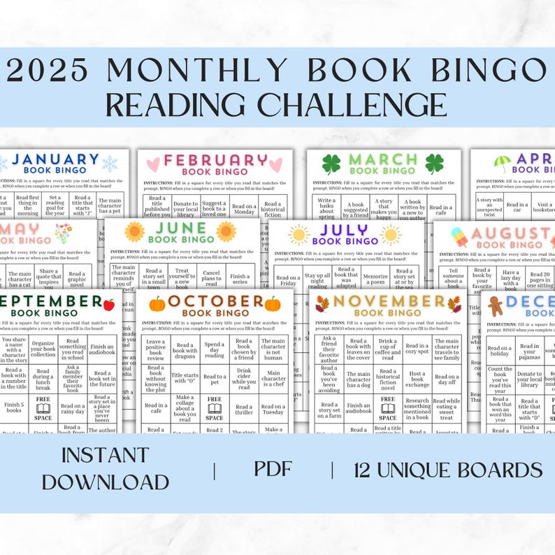 Monthly Book Bingo Printable Reading Activity, 2025 Reading Challenge ...