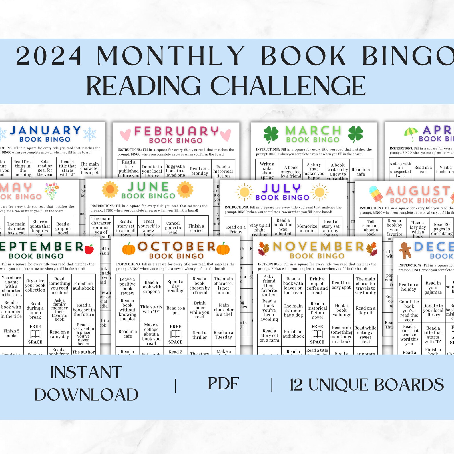 Monthly Book Bingo Printable Reading Activity, 2024 Reading Challenge ...