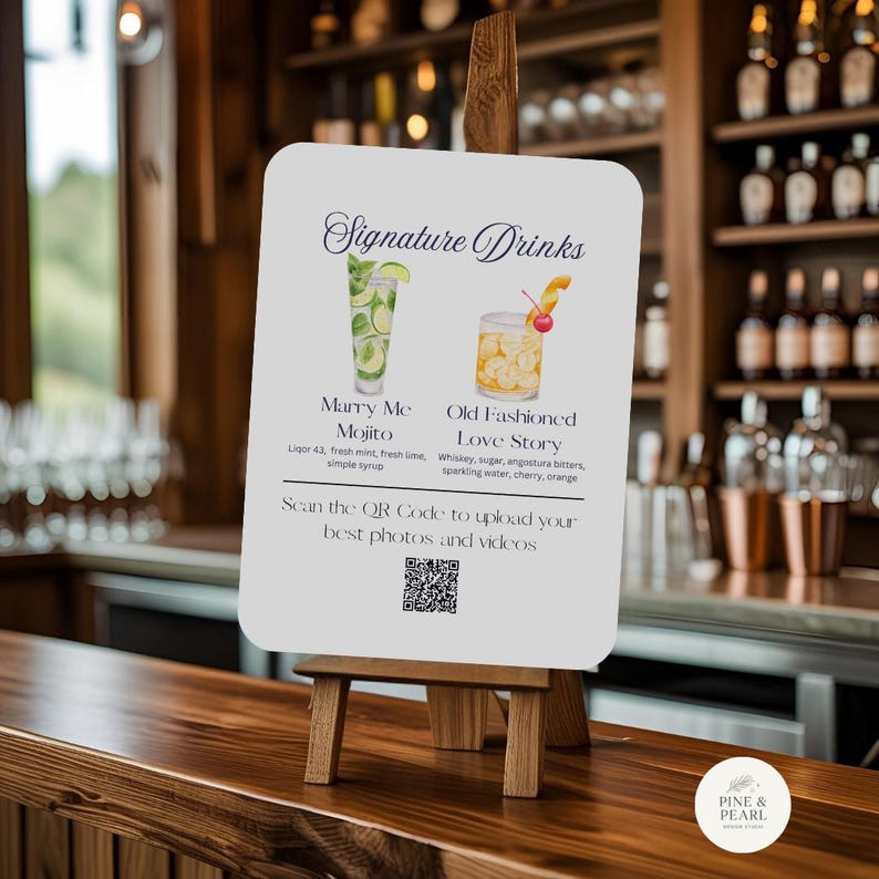 Signature Wedding Bar Sign With QR Code | Custom Cocktail Menu Sign ...