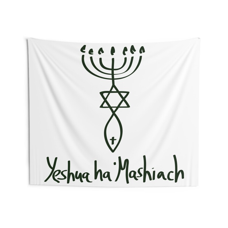 Yeshua Ha'mashiach Tapestry, Messianic Symbol, Menorah, Christian Fish ...
