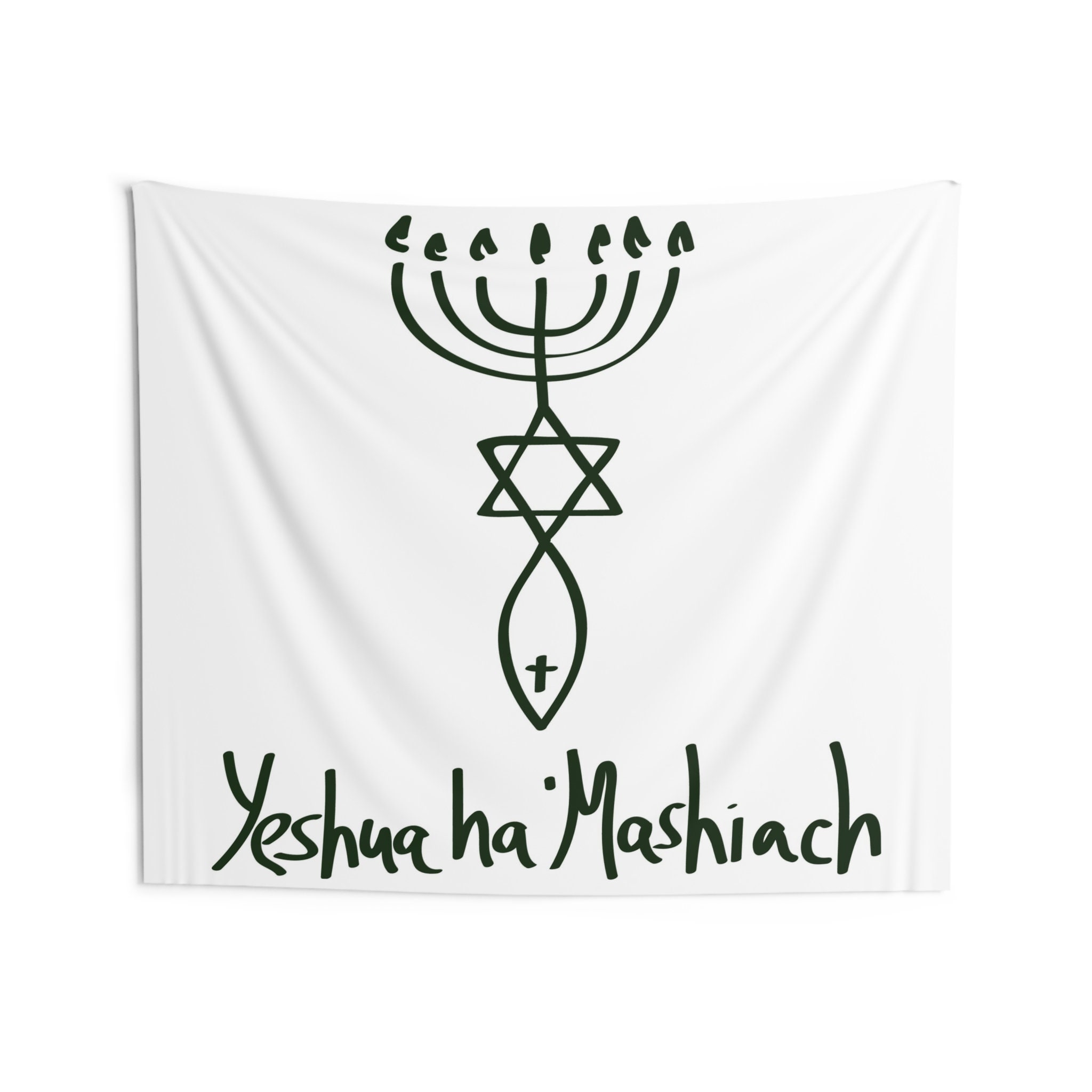 Yeshua Ha'mashiach Tapestry, Messianic Symbol, Menorah, Christian Fish ...