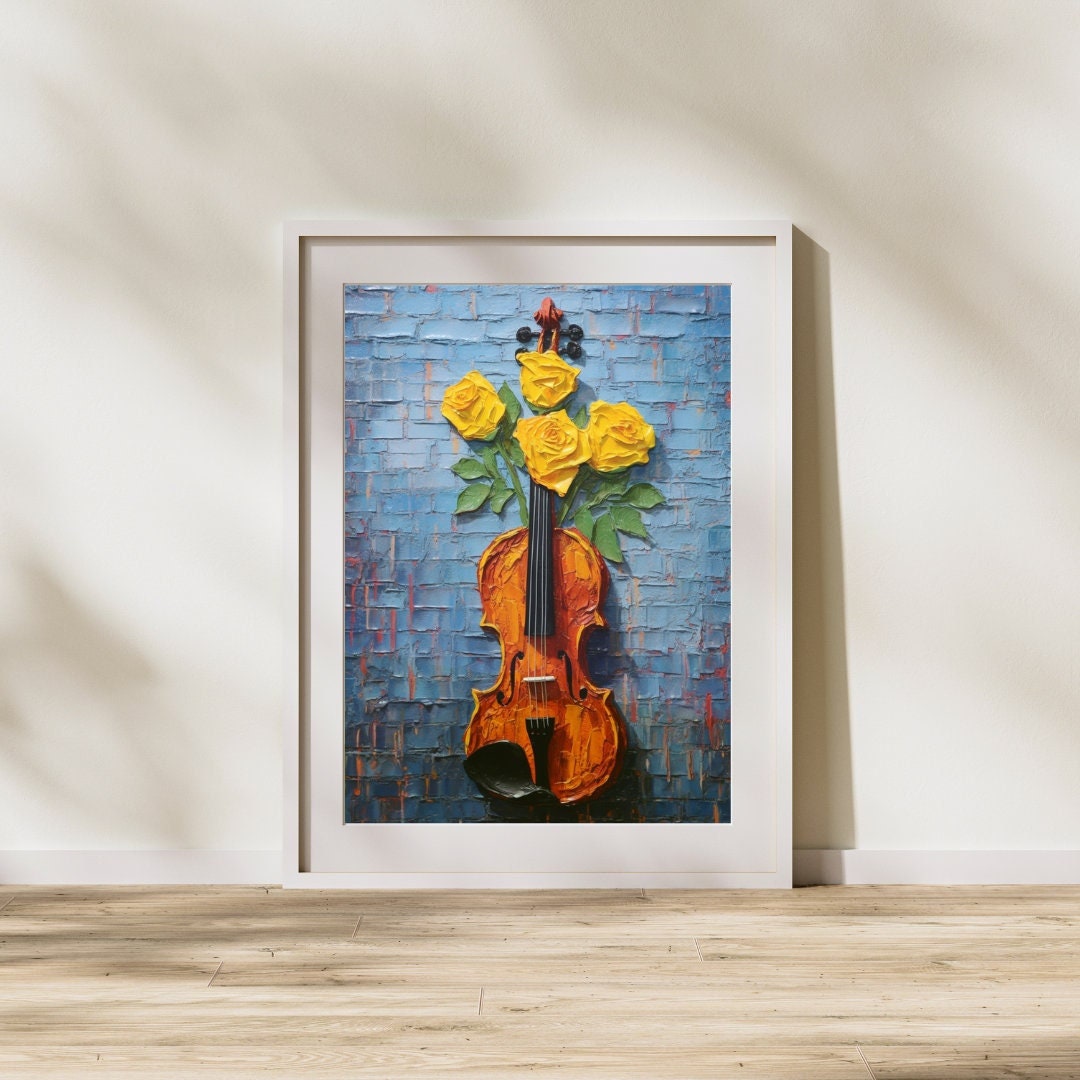 Vintage Mexican Folk Art Oil Painting, Violin and Yellow Roses ...