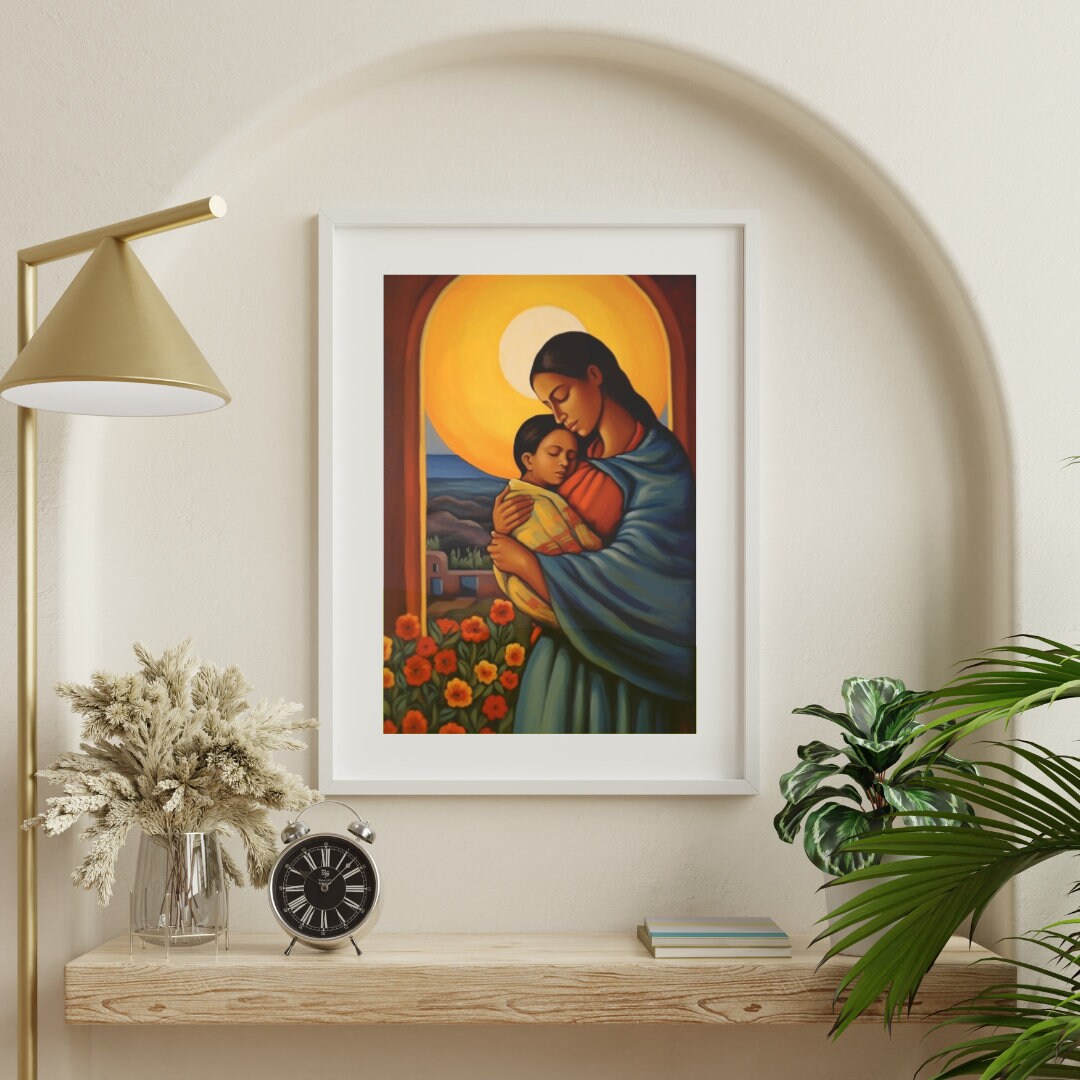 Printable Antique Mexico Mary and Jesus Oil Painting, Hispanic Folk Art ...