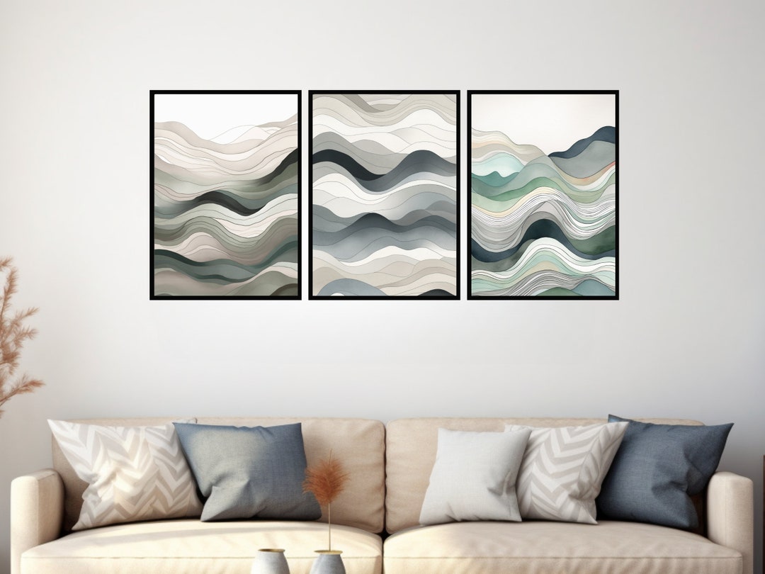 Modern Boho Chic 3 Panel Art Set, Abstract Soundwave Digital Painting ...