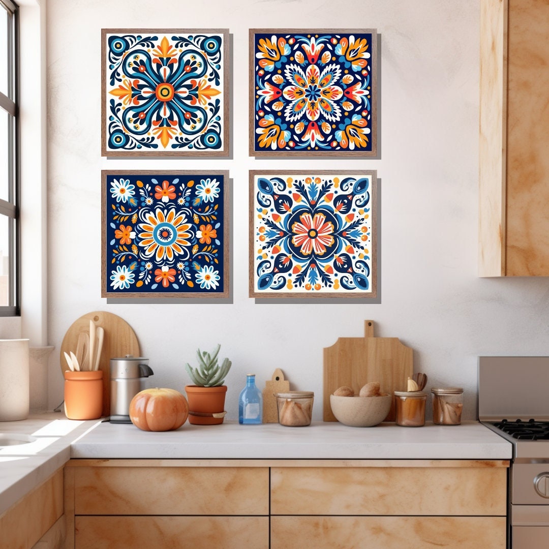 Mexican Kitchen Wall Art, Gallery Set of 4 Talavera Tile Digital Print ...