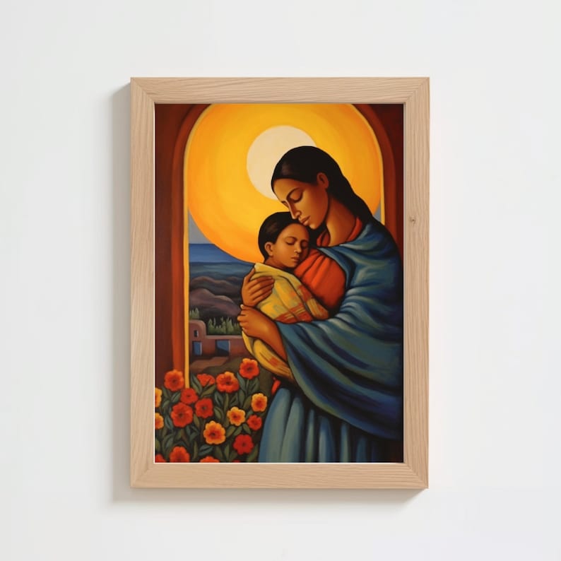 Printable Antique Mexico Mary and Jesus Oil Painting, Hispanic Folk Art ...