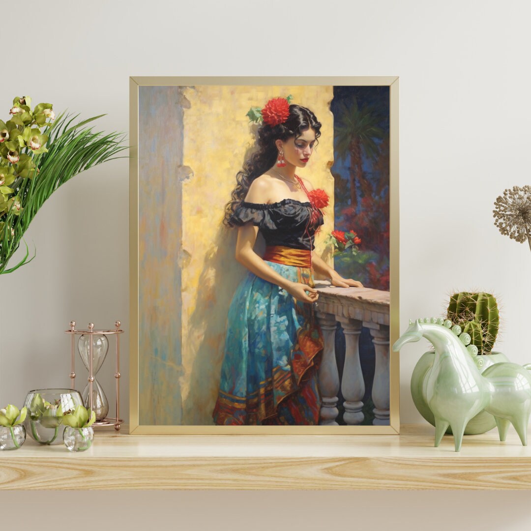 Vintage Oil Painting, Mexican Folk Art Canvas, Beautiful Latina on ...