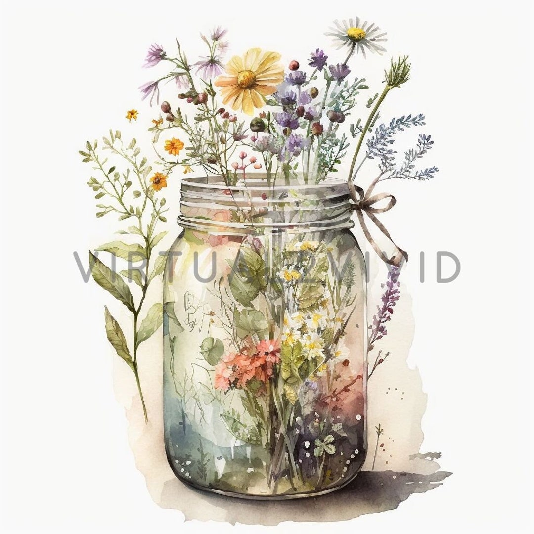 Watercolor Wildflowers in Mason Jar Digital Print Farm House Vibes - Etsy