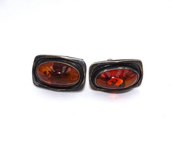 Art Deco 925er Silber Manschettenknöpfe mit Bernstein - Gem