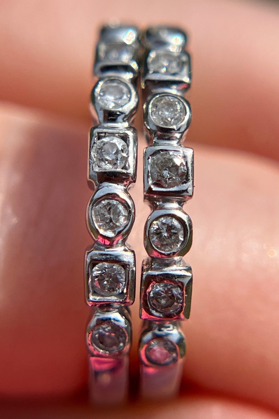 White Gold Diamond Square/circle Pattern Stacking Bands 2 10k - Etsy