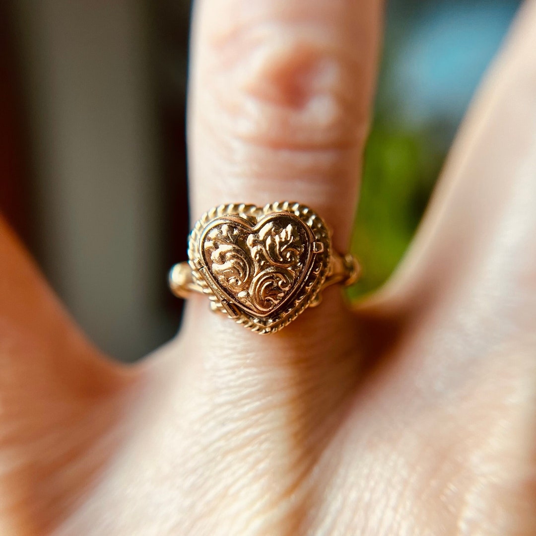 Vintage 14k Gold Heart Locket Ring - Etsy