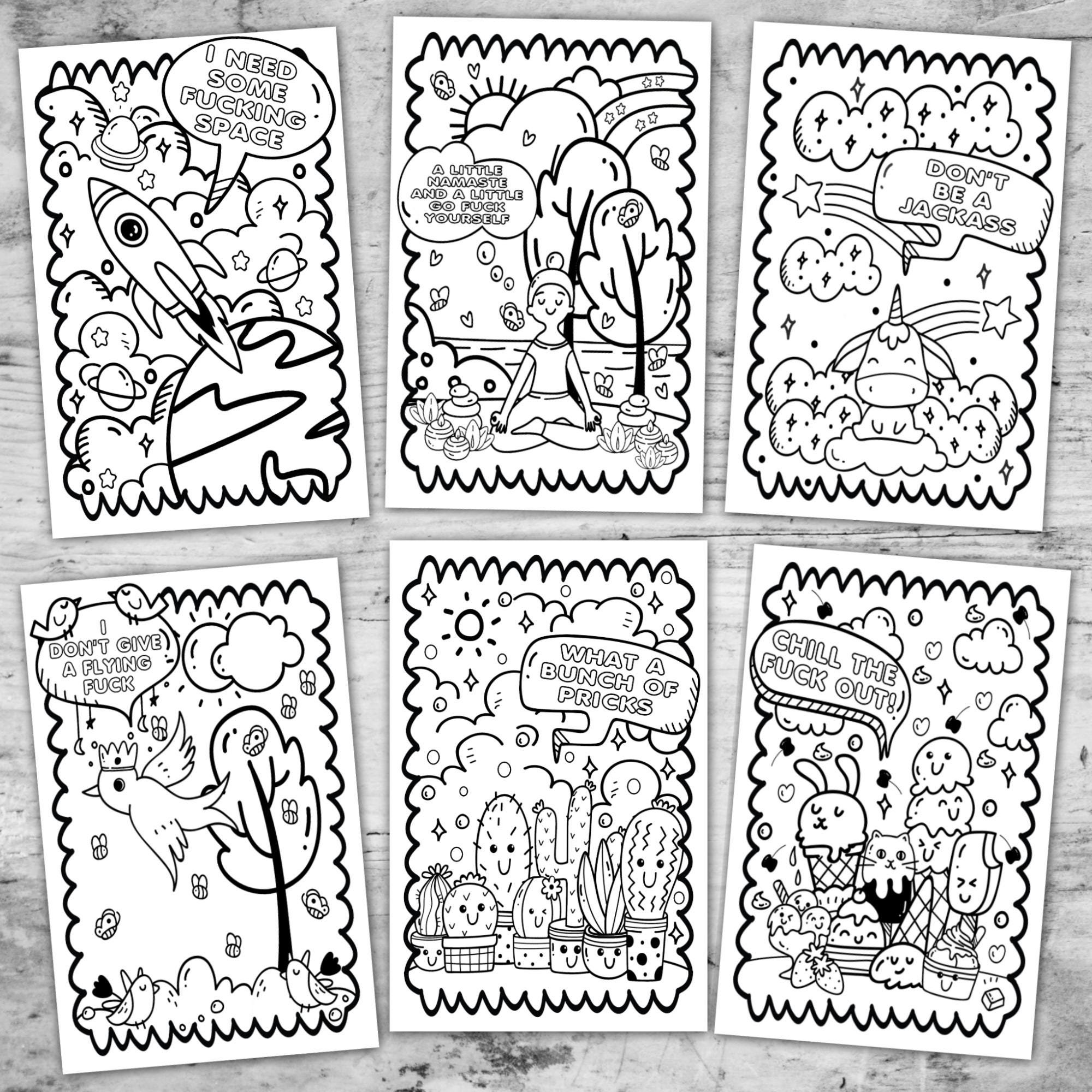 Swearing Coloring Page Set, Funny Adult Coloring Pages, Cute Doodle ...