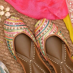 Multi Colored Mirror on Ivory Jacquard Base Jutti | Handmade Genuine ...