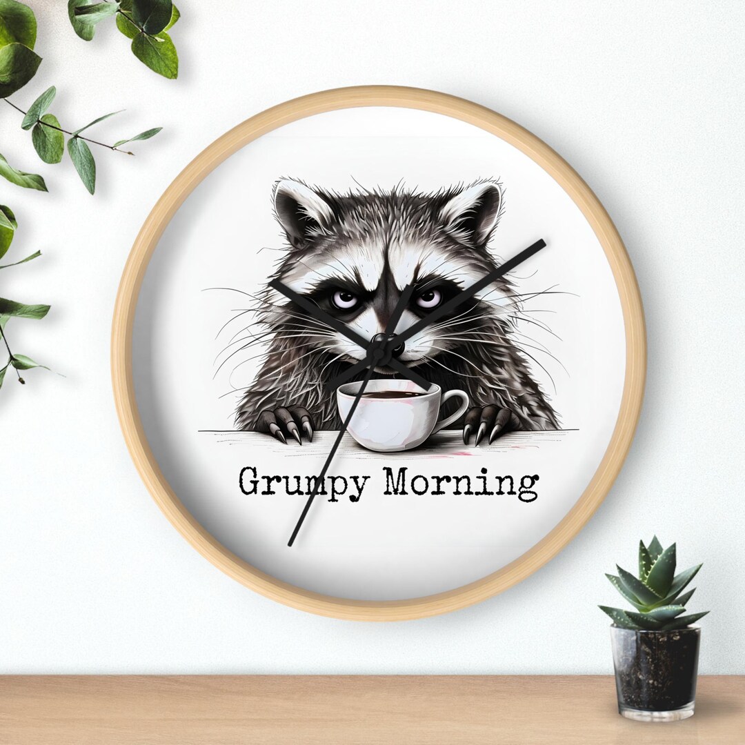 Grumpy Morning Raccoon Wall Clock, Funny Home Decor, Coffee Lover Gift ...