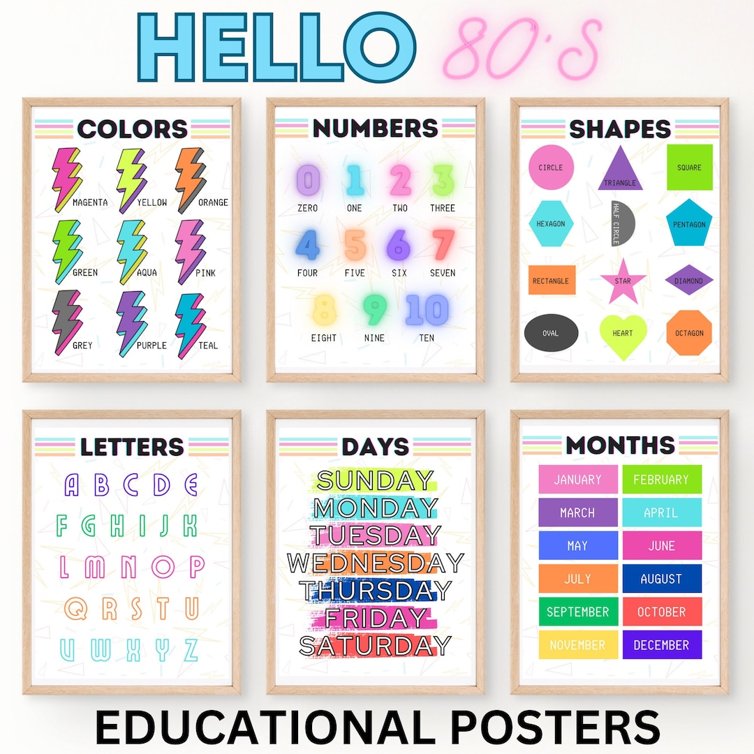 Set of Educational Posters | 6 Homeschool Posters | Retro 80's Neon ...