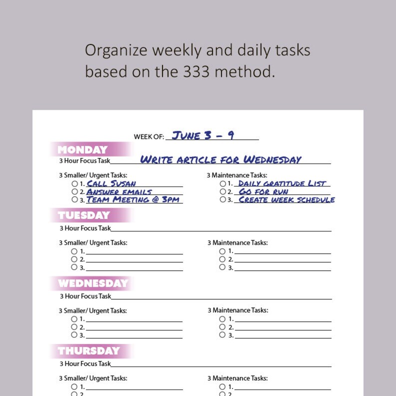 Printable Weekly Planner and Daily Task Manager, Featuring the 333 ...